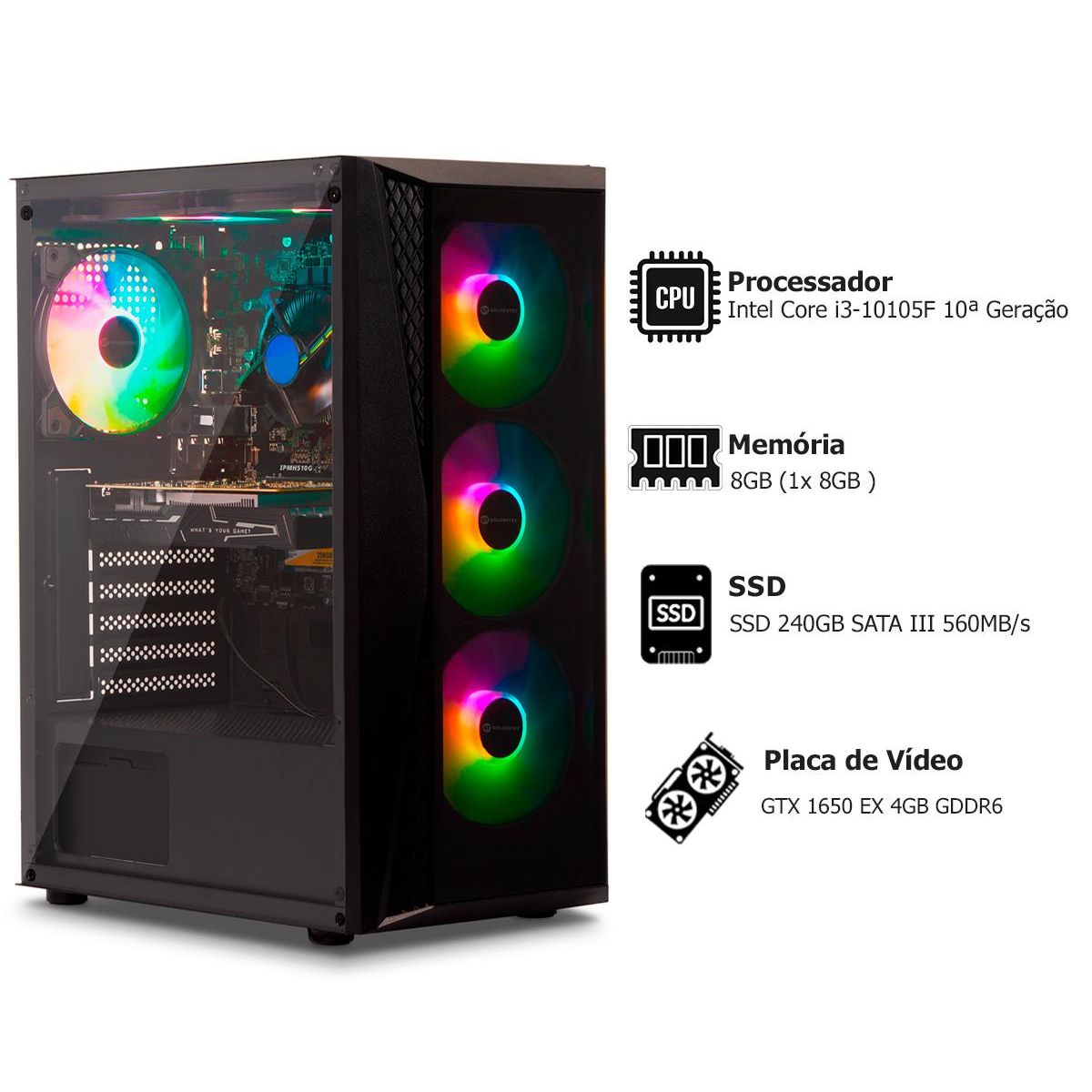 Desktop Gamer core™ i3 3.7GHz 8GB SSD 240GB GTX 1650 - lojaibyte