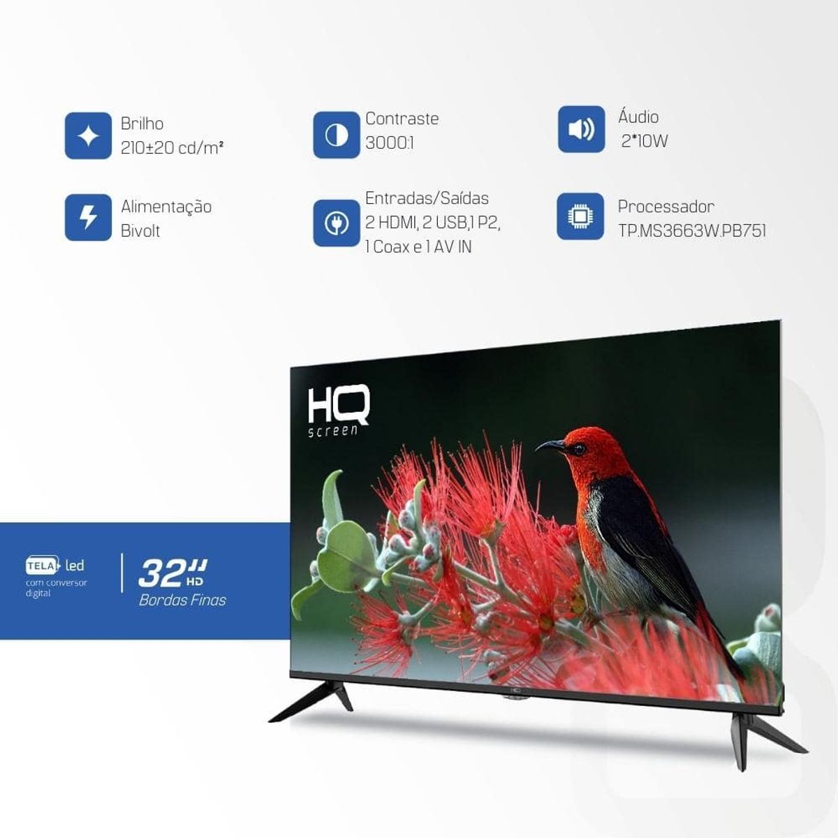 TV 32" HQ LED HD HQTVS32, 3 HDMI 2 USB - lojaibyte
