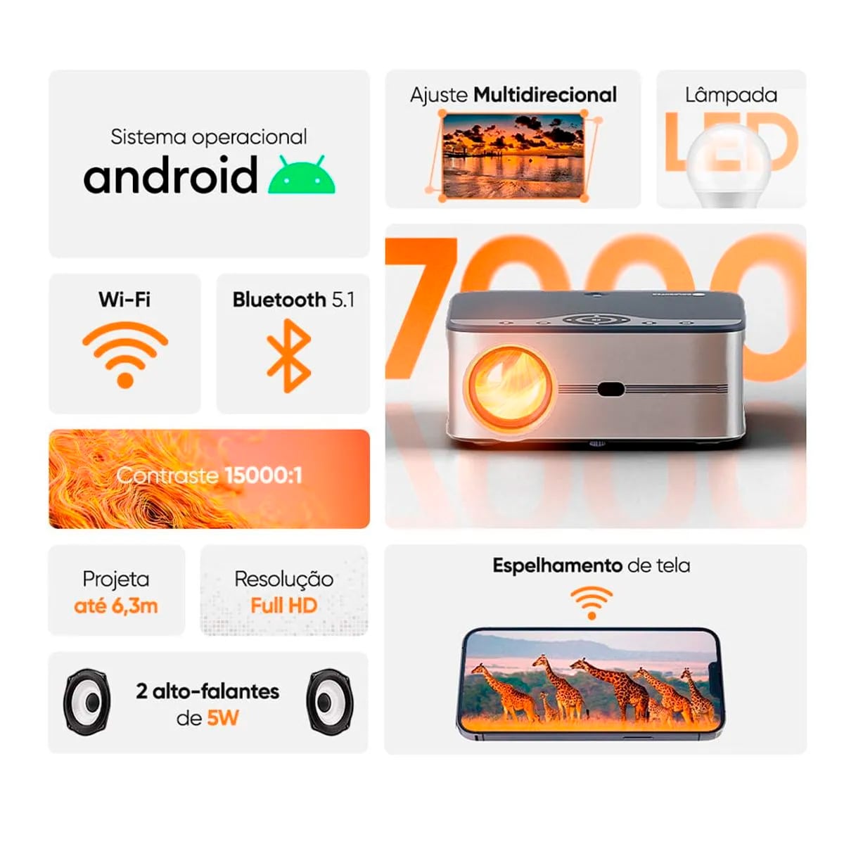 Projetor Smart 7000 Lúmens Wifi Android Goldentec - lojaibyte